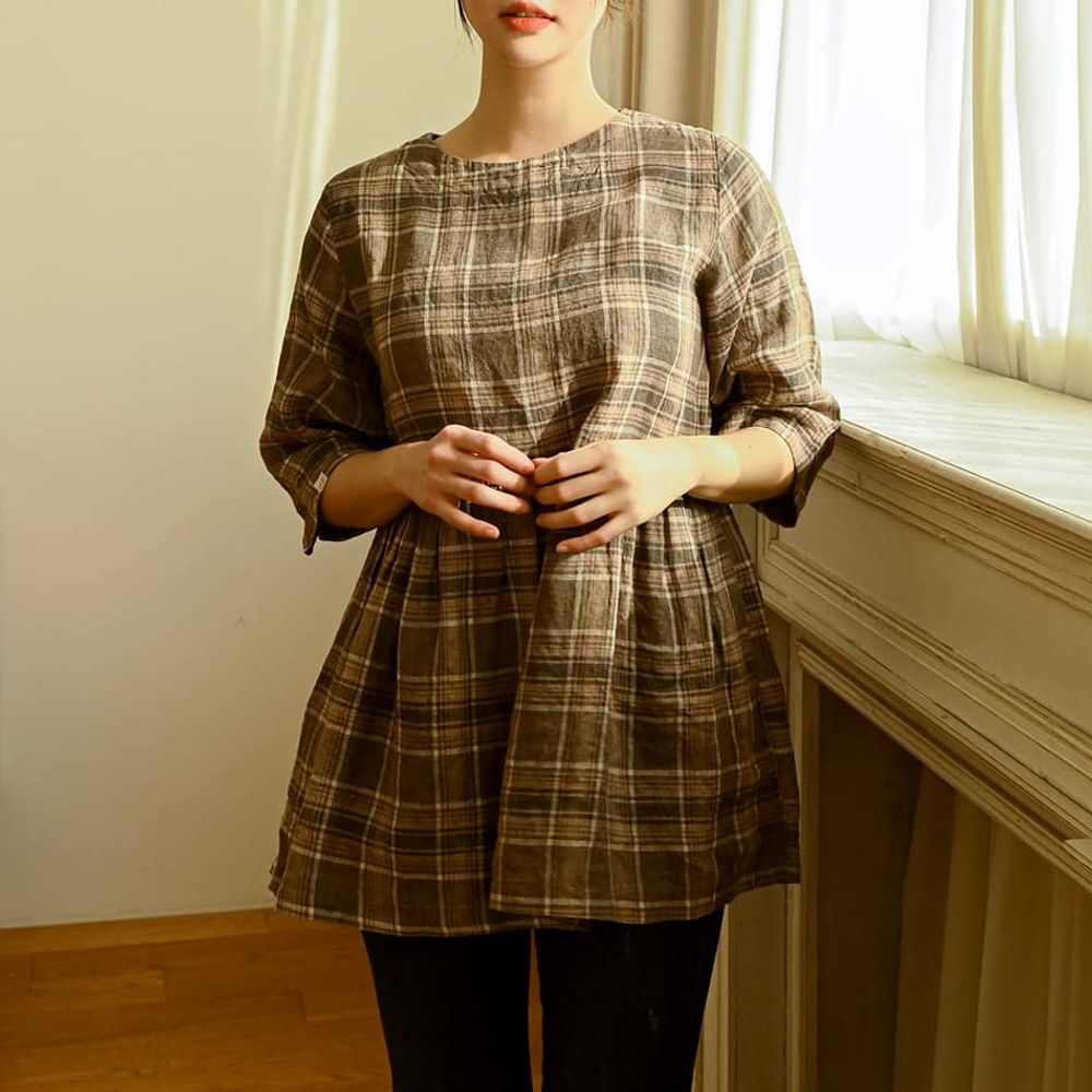 [Natural Garden] MADE N Check Pleated Part 5 Linen Blouse