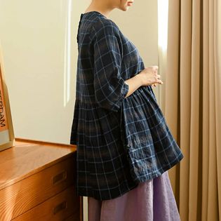 [Natural Garden] MADE N Check Pleated Part 5 Linen Blouse